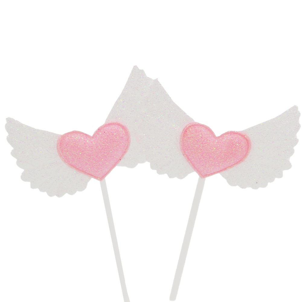Pink Heart With White Wings Cake Topper Set